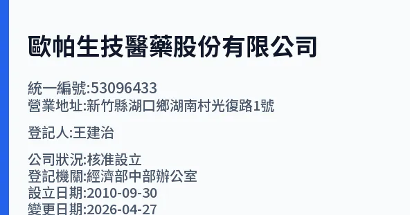 歐帕生技醫藥股份有限公司的照片-統編 53096433(新竹縣) 公司登記資料與營業項目詳細圖表