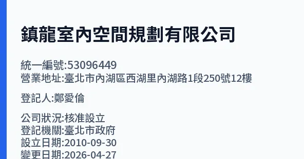 鎮龍室內空間規劃有限公司的照片-統編 53096449(臺北市) 公司登記資料與營業項目詳細圖表