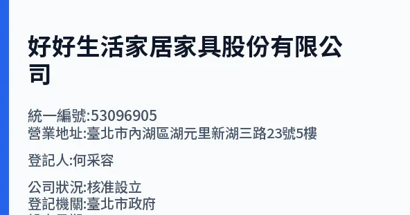 好好生活家居家具股份有限公司的照片-統編 53096905(臺北市) 公司登記資料與營業項目詳細圖表
