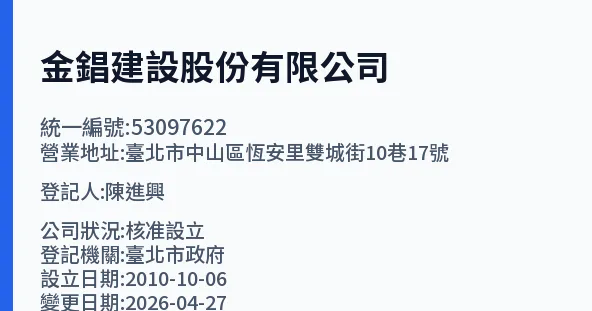 金錩建設股份有限公司的照片-統編 53097622(臺北市) 公司登記資料與營業項目詳細圖表