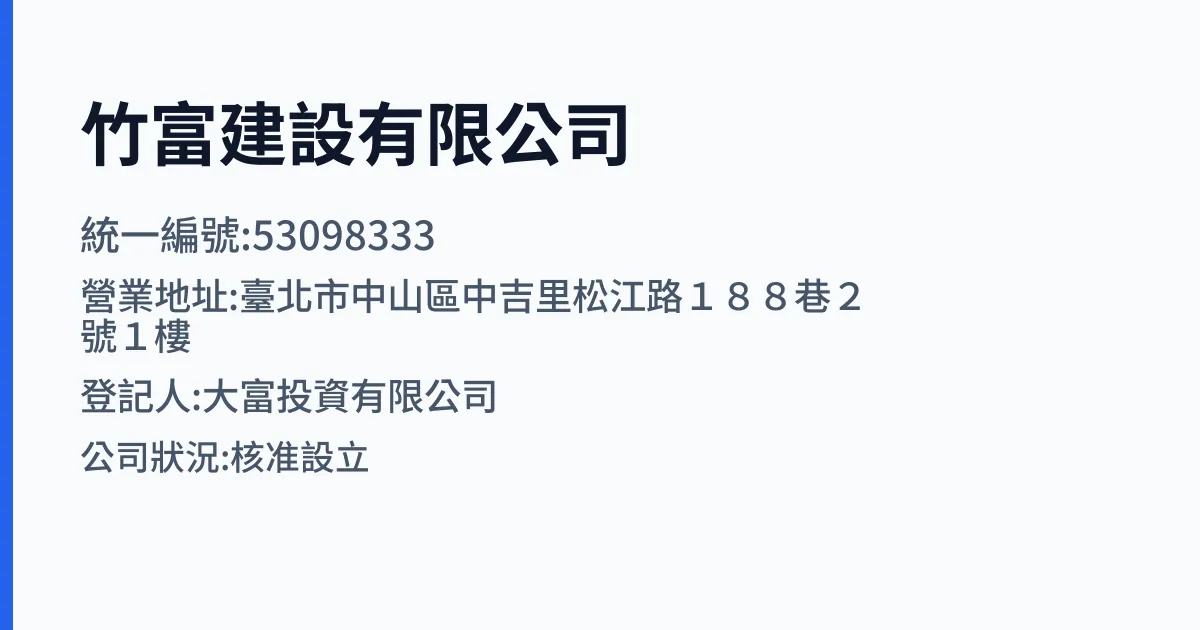 竹富建設有限公司 - 統編 53098333(臺北市) 公司登記資料與營業項目詳細圖表