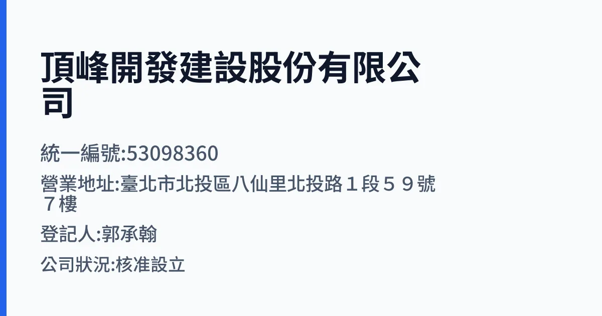 頂峰開發建設股份有限公司 - 統編 53098360(臺北市) 公司登記資料與營業項目詳細圖表