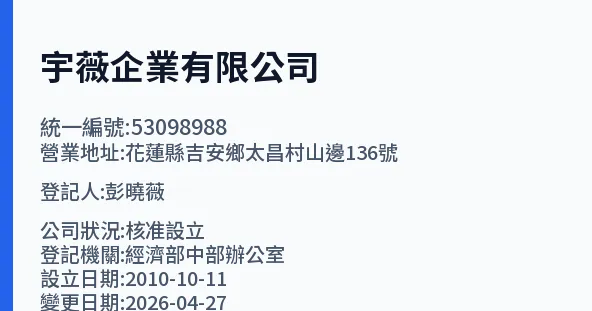 宇薇企業有限公司的照片-統編 53098988(花蓮縣) 公司登記資料與營業項目詳細圖表