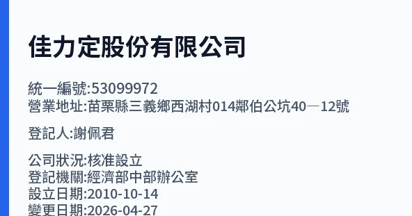 佳力定股份有限公司的照片-統編 53099972(苗栗縣) 公司登記資料與營業項目詳細圖表