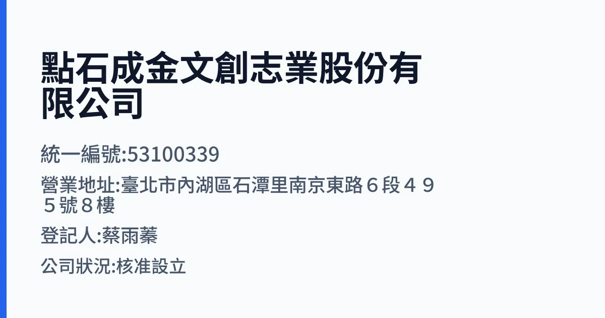 點石成金文創志業股份有限公司 - 統編 53100339(桃園市) 公司登記資料與營業項目詳細圖表