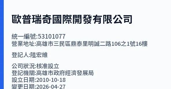 歐普瑞奇國際開發有限公司的照片-統編 53101077(高雄市) 公司登記資料與營業項目詳細圖表