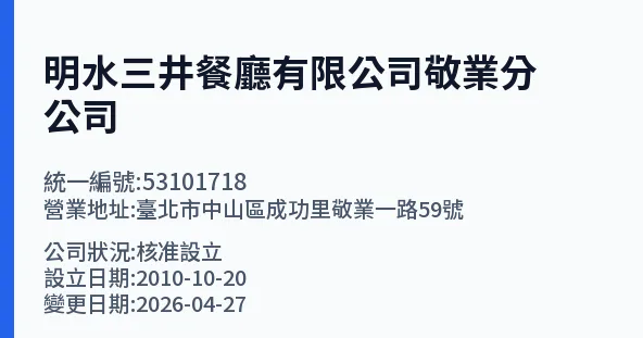 明水三井餐廳有限公司敬業分公司的照片-統編 53101718(臺北市) 公司登記資料與營業項目詳細圖表