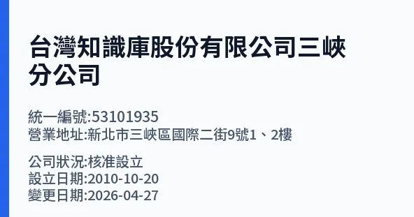 台灣知識庫股份有限公司三峽分公司的照片-統編 53101935(新北市) 公司登記資料與營業項目詳細圖表