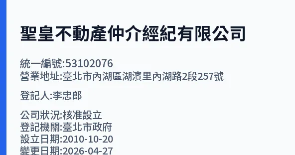聖皇不動產仲介經紀有限公司的照片-統編 53102076(臺北市) 公司登記資料與營業項目詳細圖表