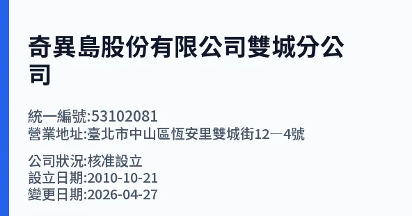 奇異島股份有限公司雙城分公司的照片-統編 53102081(臺北市) 公司登記資料與營業項目詳細圖表