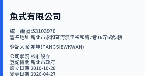 魚式有限公司的照片-統編 53103976(新北市) 公司登記資料與營業項目詳細圖表
