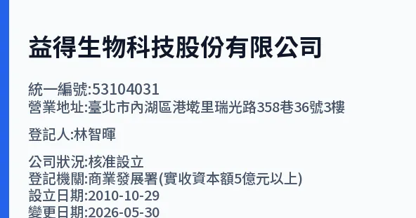 益得生物科技股份有限公司的照片-統編 53104031(臺北市) 公司登記資料與營業項目詳細圖表