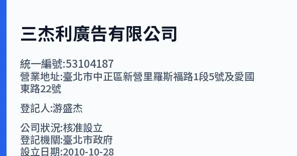 三杰利廣告有限公司的照片-統編 53104187(臺北市) 公司登記資料與營業項目詳細圖表