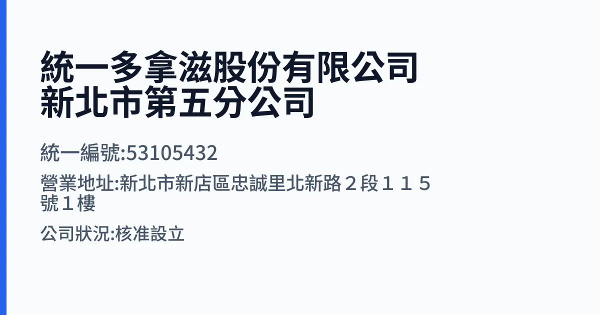 統一多拿滋股份有限公司新北市第五分公司 - 統編 53105432(新北市) 公司登記資料與營業項目詳細圖表