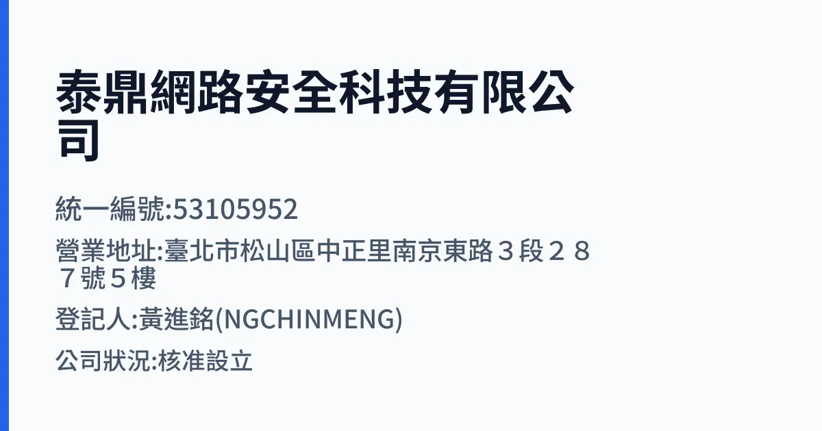 泰鼎網路安全科技有限公司 - 統編 53105952(臺北市) 公司登記資料與營業項目詳細圖表