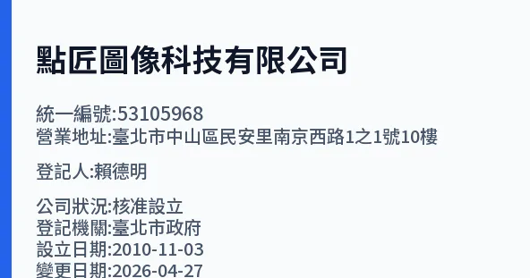 點匠圖像科技有限公司的照片-統編 53105968(臺北市) 公司登記資料與營業項目詳細圖表