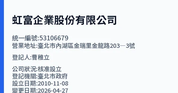 虹富企業股份有限公司的照片-統編 53106679(臺北市) 公司登記資料與營業項目詳細圖表