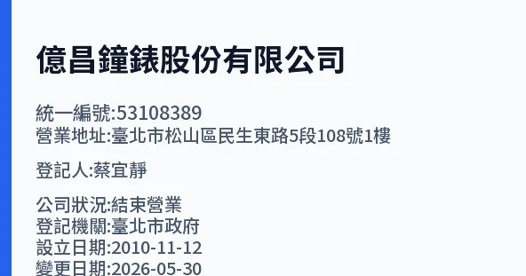 億昌鐘錶股份有限公司的照片-統編 53108389(臺北市) 公司登記資料與營業項目詳細圖表