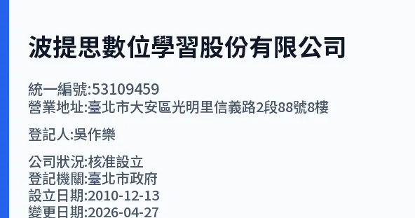 波提思數位學習股份有限公司的照片-統編 53109459(臺北市) 公司登記資料與營業項目詳細圖表