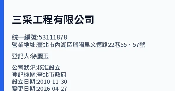 三采工程有限公司的照片-統編 53111878(臺北市) 公司登記資料與營業項目詳細圖表