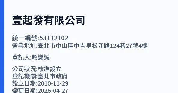 壹起發有限公司的照片-統編 53112102(臺北市) 公司登記資料與營業項目詳細圖表