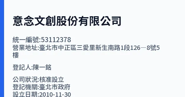 意念文創股份有限公司的照片-統編 53112378(臺北市) 公司登記資料與營業項目詳細圖表