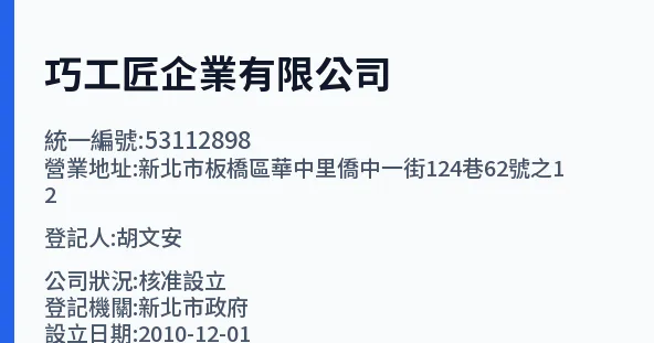 巧工匠企業有限公司的照片-統編 53112898(新北市) 公司登記資料與營業項目詳細圖表