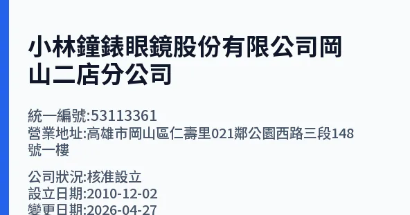 小林鐘錶眼鏡股份有限公司岡山二店分公司的照片-統編 53113361(高雄市) 公司登記資料與營業項目詳細圖表