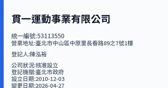 貫一運動事業有限公司的照片-統編 53113550(臺北市) 公司登記資料與營業項目詳細圖表