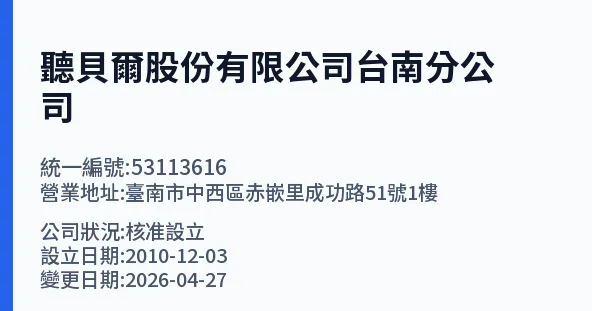 聽貝爾股份有限公司台南分公司的照片-統編 53113616(臺南市) 公司登記資料與營業項目詳細圖表