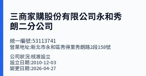 三商家購股份有限公司永和秀朗二分公司的照片-統編 53113741(新北市) 公司登記資料與營業項目詳細圖表