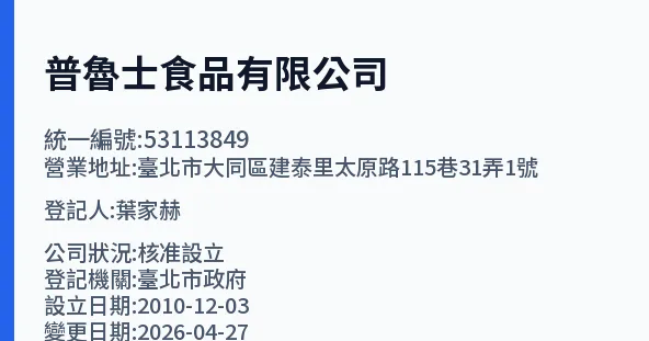 普魯士食品有限公司的照片-統編 53113849(臺北市) 公司登記資料與營業項目詳細圖表