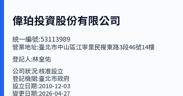偉珀投資股份有限公司的照片-統編 53113989(臺北市) 公司登記資料與營業項目詳細圖表