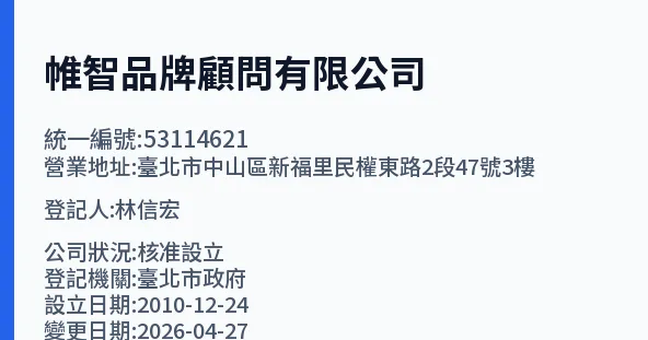 帷智品牌顧問有限公司的照片-統編 53114621(臺北市) 公司登記資料與營業項目詳細圖表