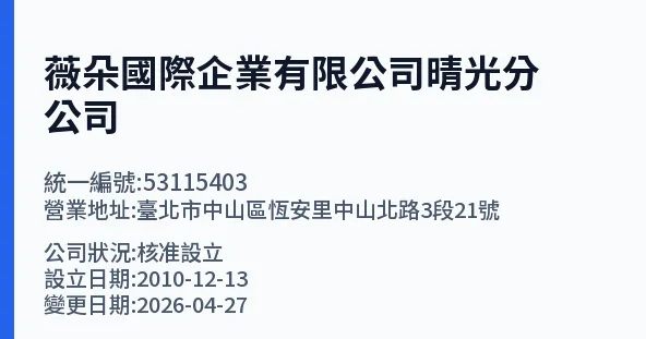 薇朵國際企業有限公司晴光分公司的照片-統編 53115403(臺北市) 公司登記資料與營業項目詳細圖表