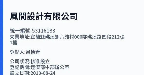 風間設計有限公司的照片-統編 53116183(宜蘭縣) 公司登記資料與營業項目詳細圖表