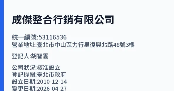 成傑整合行銷有限公司的照片-統編 53116536(臺北市) 公司登記資料與營業項目詳細圖表