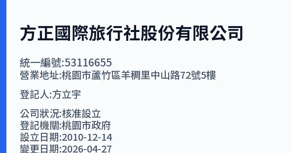 方正國際旅行社股份有限公司的照片-統編 53116655(桃園市) 公司登記資料與營業項目詳細圖表