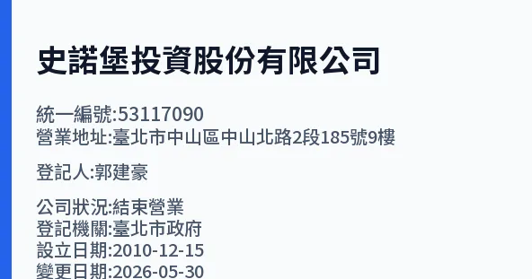 史諾堡投資股份有限公司的照片-統編 53117090(臺北市) 公司登記資料與營業項目詳細圖表