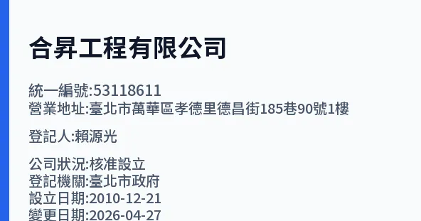 合昇工程有限公司的照片-統編 53118611(臺北市) 公司登記資料與營業項目詳細圖表