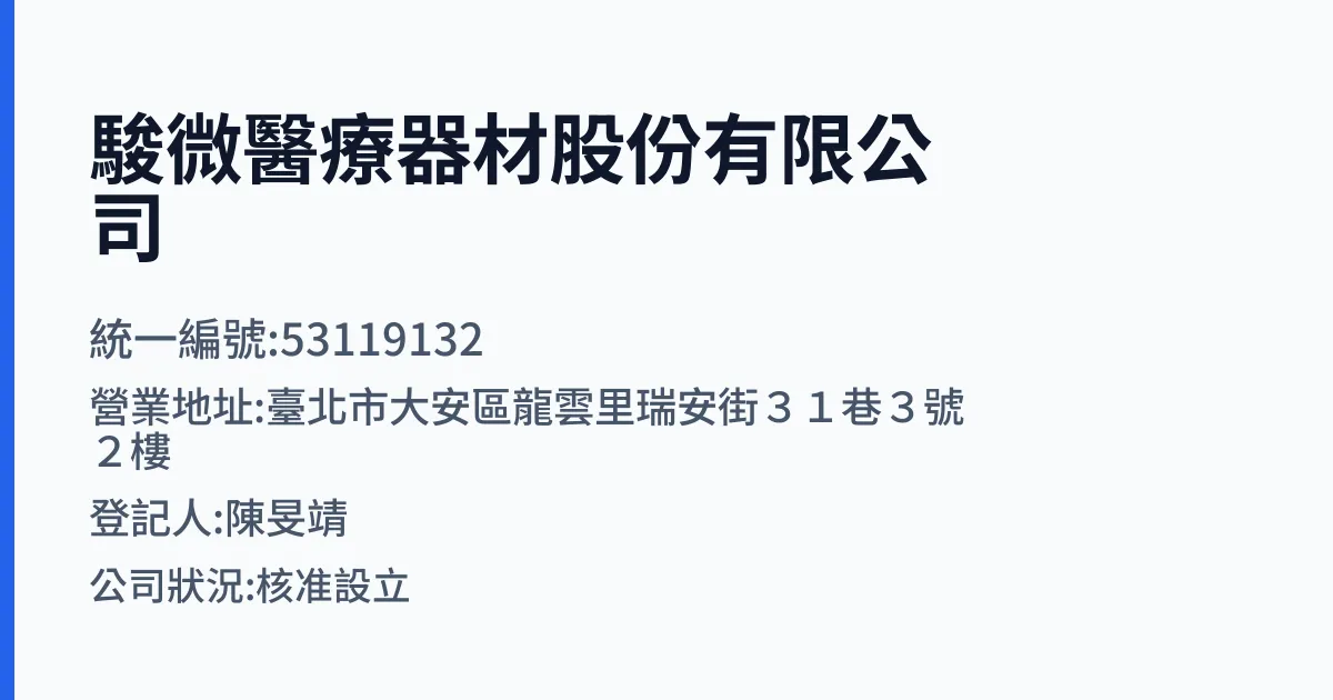 駿微醫療器材股份有限公司 - 統編 53119132(臺北市) 公司登記資料與營業項目詳細圖表