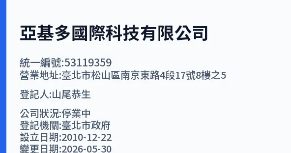 亞基多國際科技有限公司的照片-統編 53119359(臺北市) 公司登記資料與營業項目詳細圖表