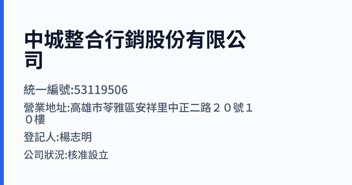 中城整合行銷股份有限公司 - 統編 53119506(高雄市) 公司登記資料與營業項目詳細圖表