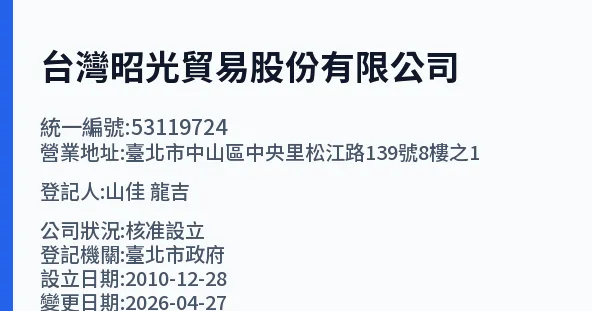 台灣昭光貿易股份有限公司的照片-統編 53119724(臺北市) 公司登記資料與營業項目詳細圖表