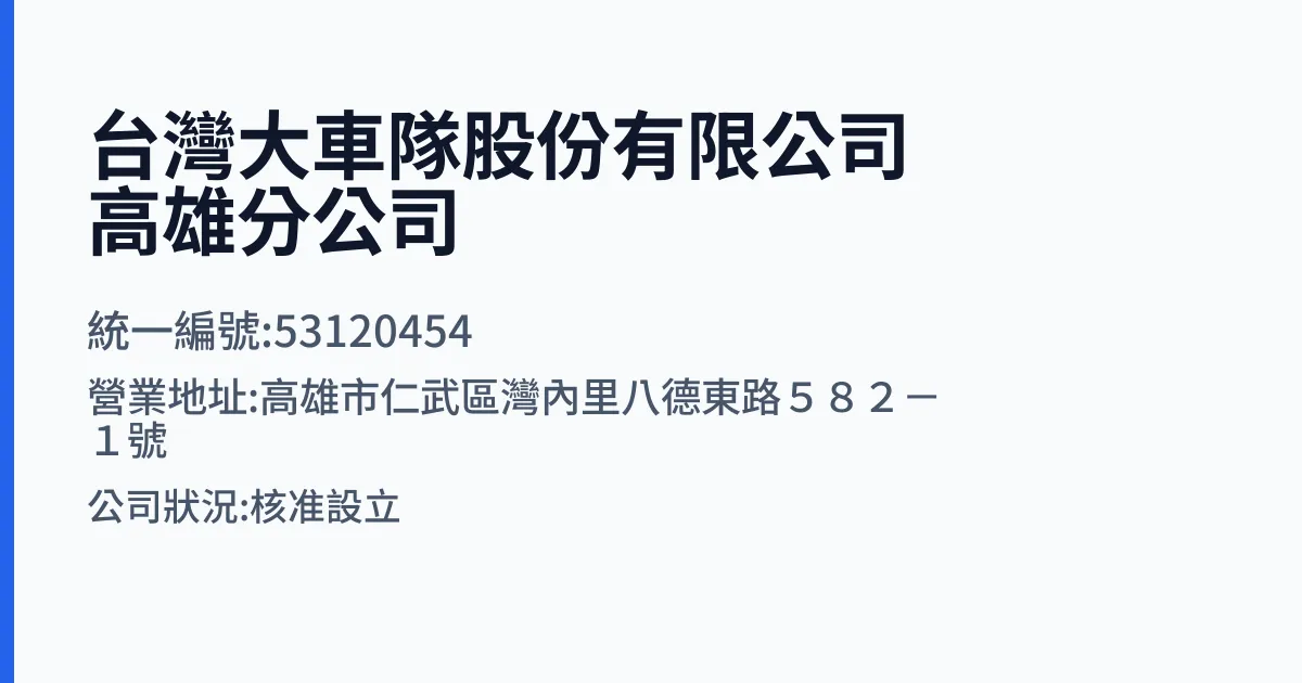 台灣大車隊股份有限公司高雄分公司 - 統編 53120454(高雄市) 公司登記資料與營業項目詳細圖表