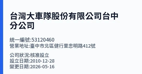台灣大車隊股份有限公司台中分公司的照片-統編 53120460(臺中市) 公司登記資料與營業項目詳細圖表