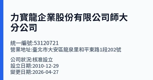 力寳龍企業股份有限公司師大分公司的照片-統編 53120721(臺北市) 公司登記資料與營業項目詳細圖表