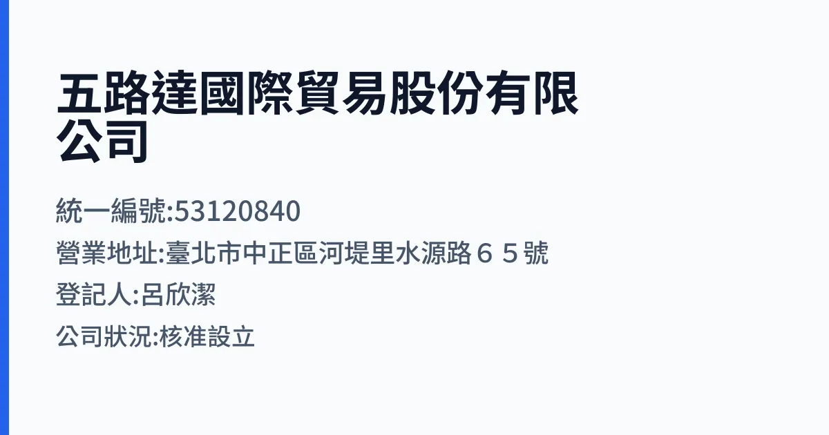 五路達國際貿易股份有限公司 - 統編 53120840(臺北市) 公司登記資料與營業項目詳細圖表