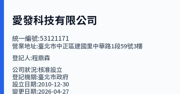 愛發科技有限公司的照片-統編 53121171(臺北市) 公司登記資料與營業項目詳細圖表