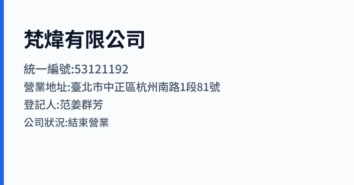 梵煒有限公司 - 統編 53121192(臺北市) 公司登記資料與營業項目詳細圖表